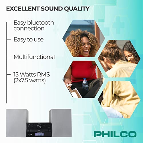 Philco Stereo Shelf Systems Tray Loading CD Player with Digital FM Radio, Bluetooth Streaming ...