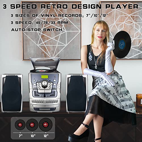 Shelf Stereo System with CD Player, 3 Speed Turntable & Dual Cassette Deck