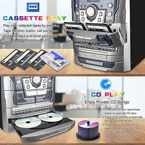Shelf Stereo System with CD Player, 3 Speed Turntable & Dual Cassette Deck